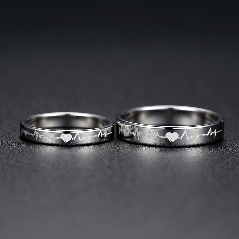 Custom Engraved Matching Heartbeat Rings Set for Couple – Loforay